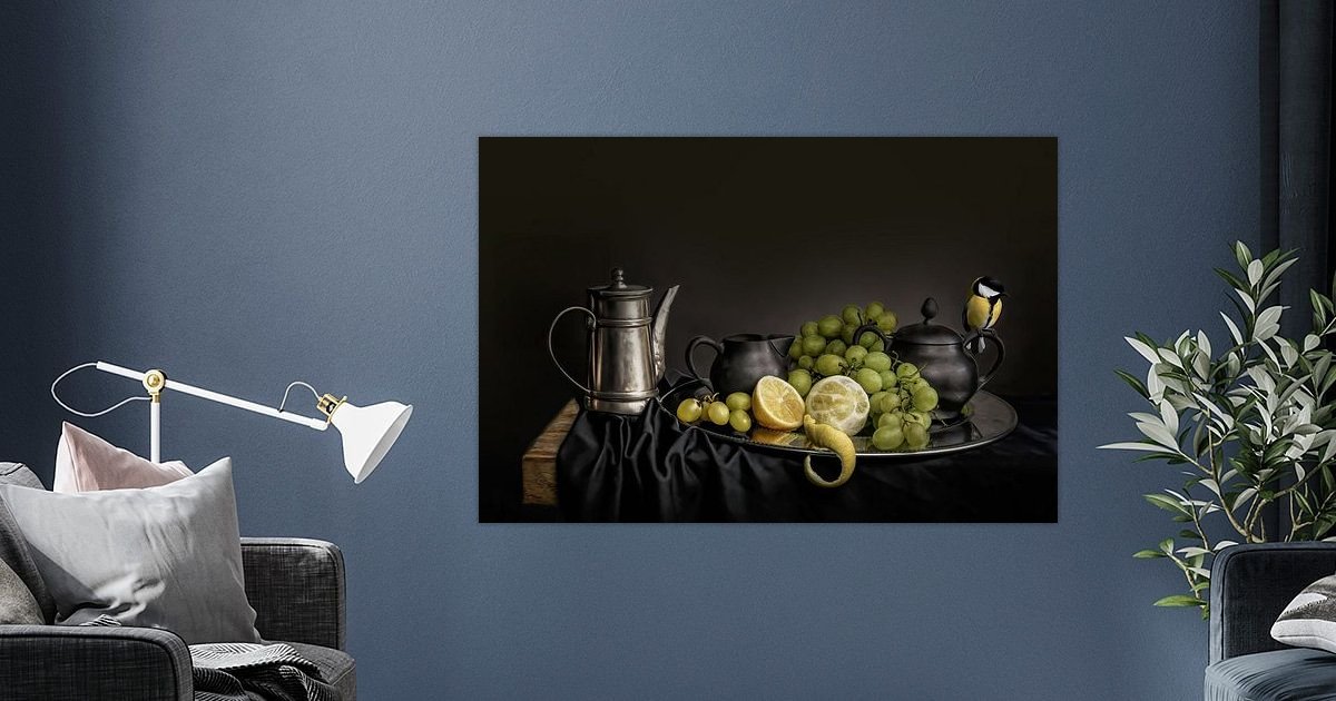 Stilleven druiven met koolmees van By Marjolein Design op canvas ...
