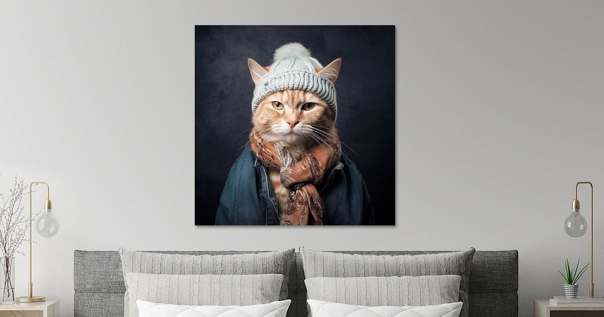 Een grappig portret van een kat met wollen muts van Vlindertuin-Art op ...