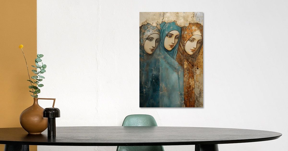 Decoratief, antiek uitziend fresco van drie vrouwen van Felix Wiesner ...