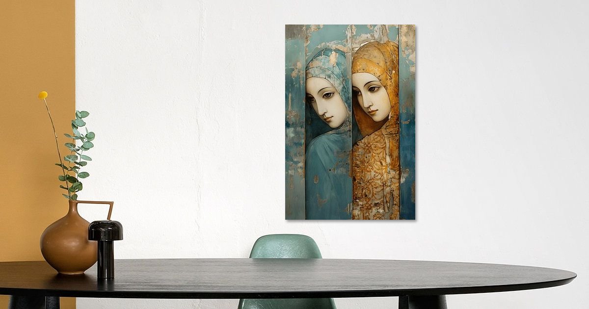 Decoratief, antiek uitziend fresco van twee vrouwen van Felix Wiesner ...