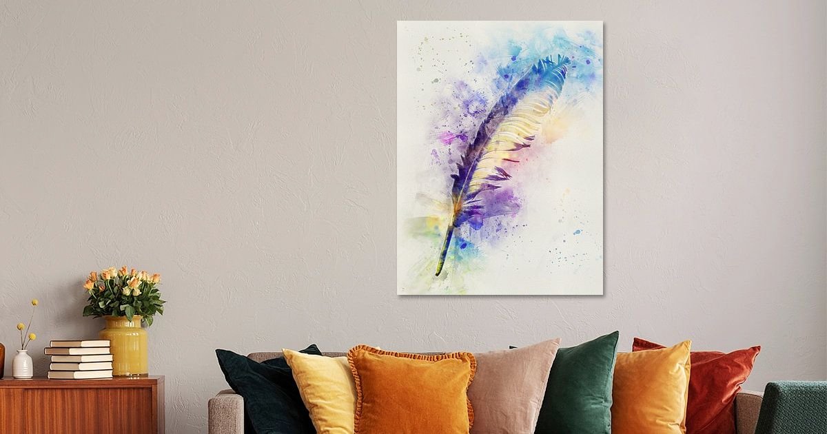 Kleurrijke veer in aquarelstijl van Western Exposure op canvas, behang ...