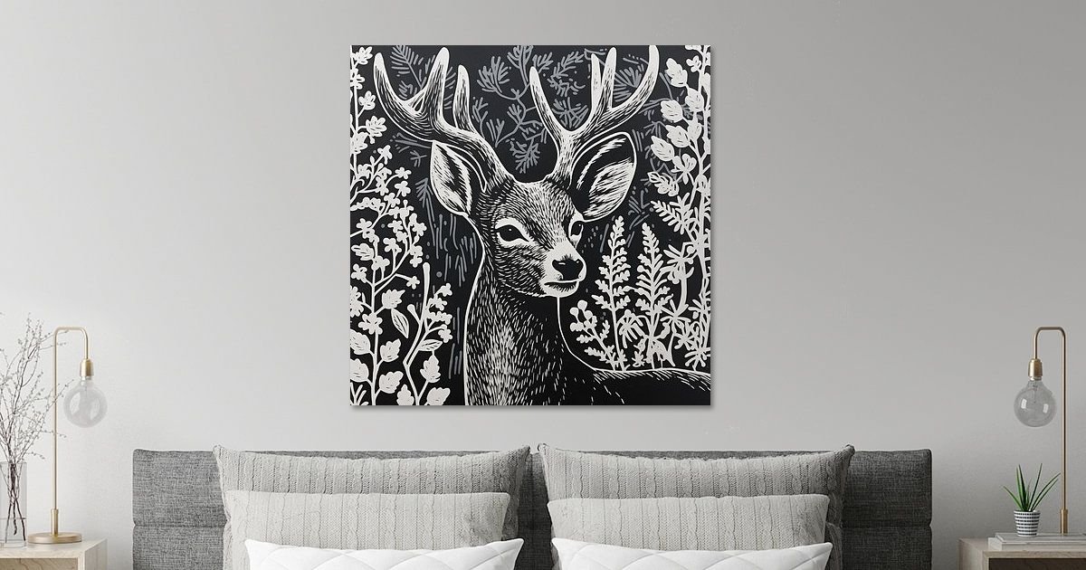 Deer black and white lino print by Bianca ter Riet on canvas, poster ...