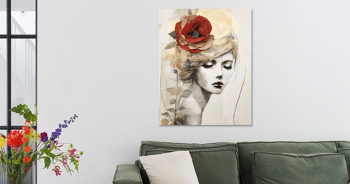 Modern portret in rood en goud van Carla Van Iersel op canvas, behang ...