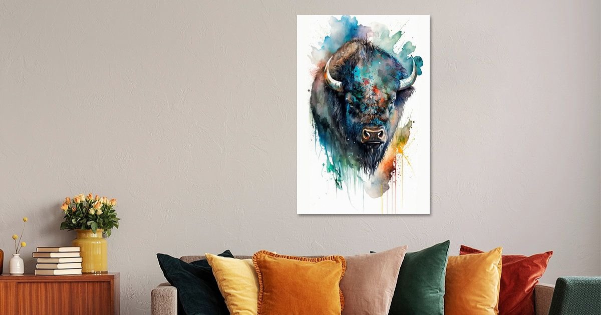 Buffel - Aquarel van New Future Art Gallery op canvas, behang en meer