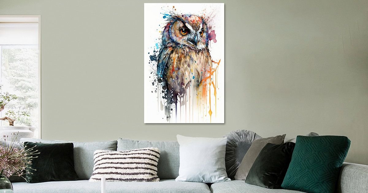 Uil - Aquarel van New Future Art Gallery op canvas, behang en meer