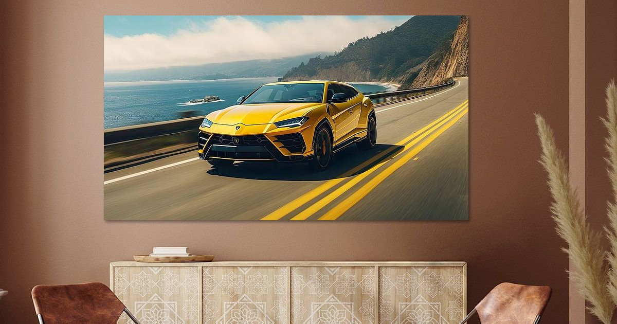 Gele krachtige Lamborghini Urus van PixelPrestige op canvas, behang en meer