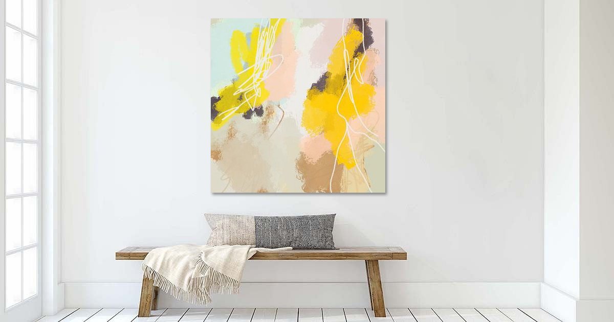 Modern abstract kleurrijk schilderij in pastelkleuren. Geel, wit, roze ...