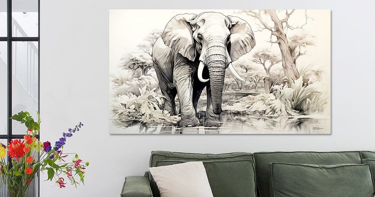 pentekening van een olifant van Gelissen Artworks op canvas, behang en meer