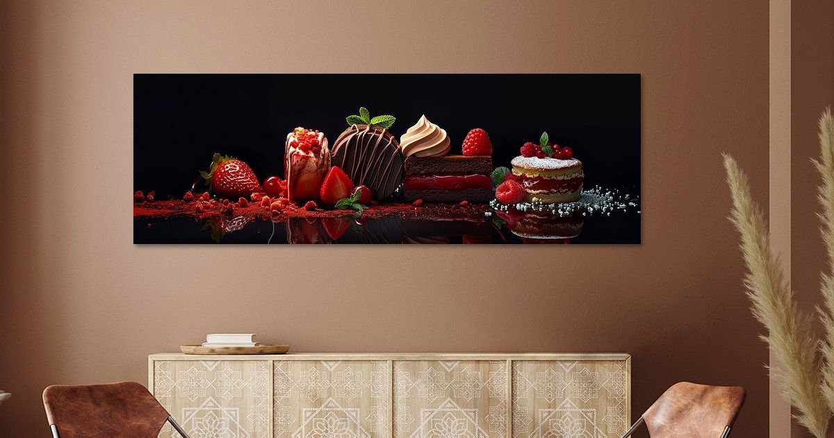 Ijs toetjes en fruit fotografie als panorama met zwarte achtergrond van ...