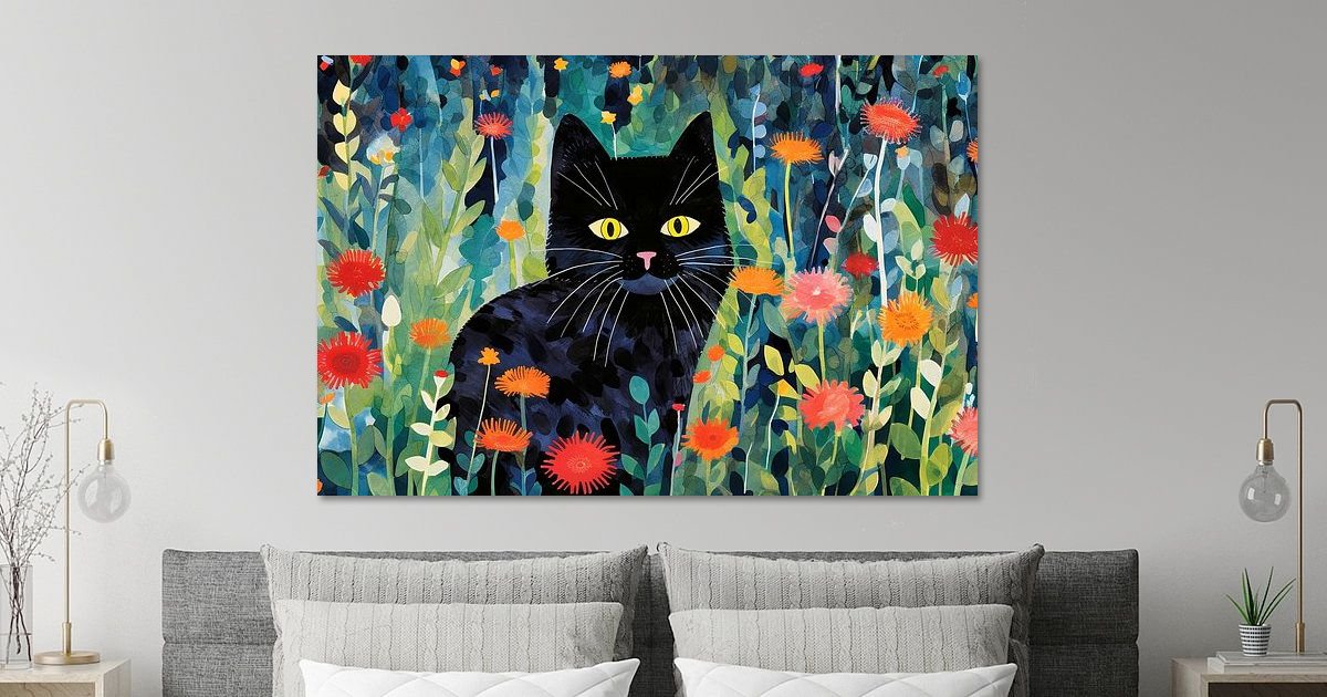 Zwarte kat op een bloemenweide van ARTemberaubend op canvas, behang en meer