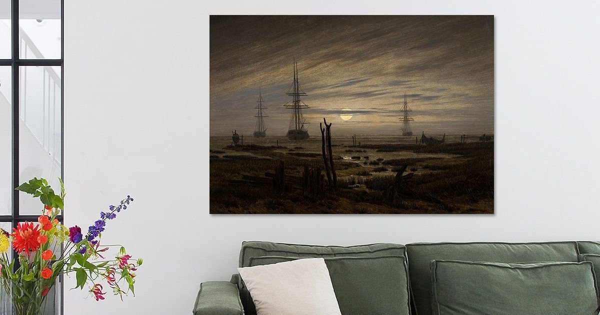 Schepen voor anker , Caspar David Friedrich- ca. 1816 op canvas, behang ...