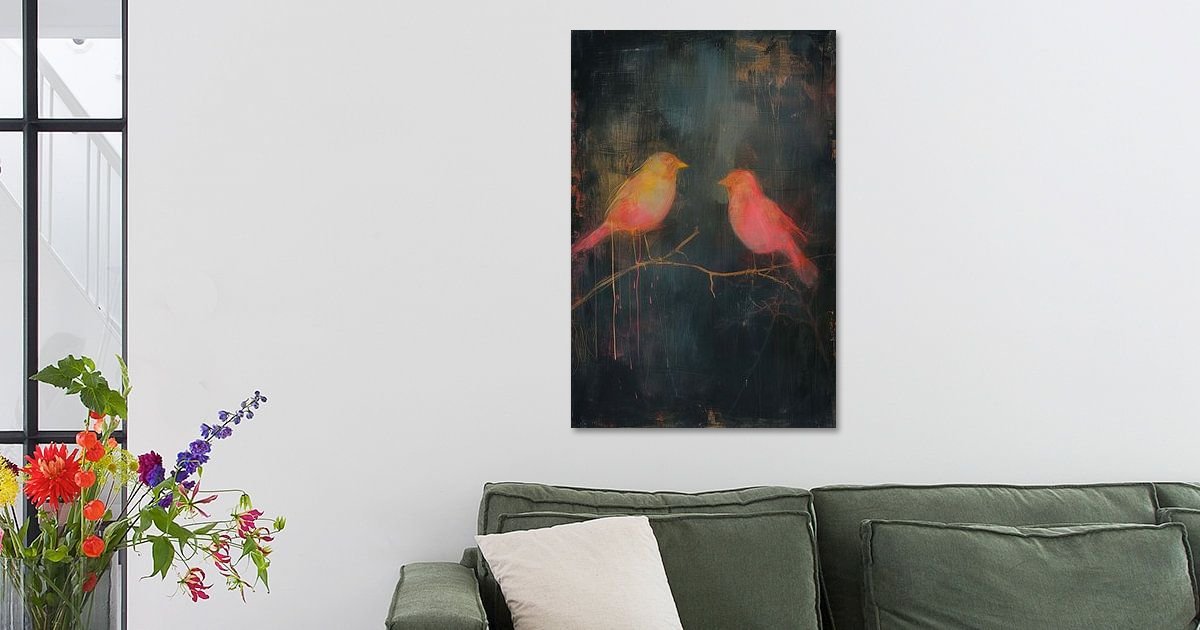 Neon Vogel Kunst van Kunst Kriebels op canvas, behang en meer