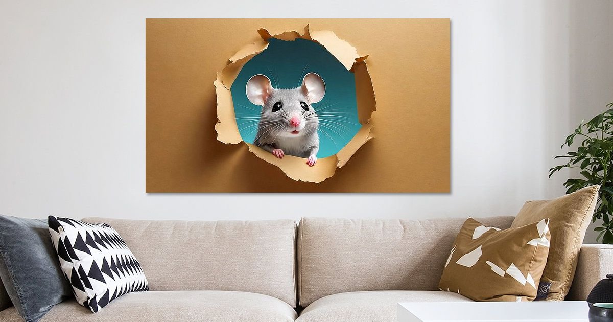 Muis kijkt in een gescheurd gat aan de papieren kant, geïsoleerd van ...