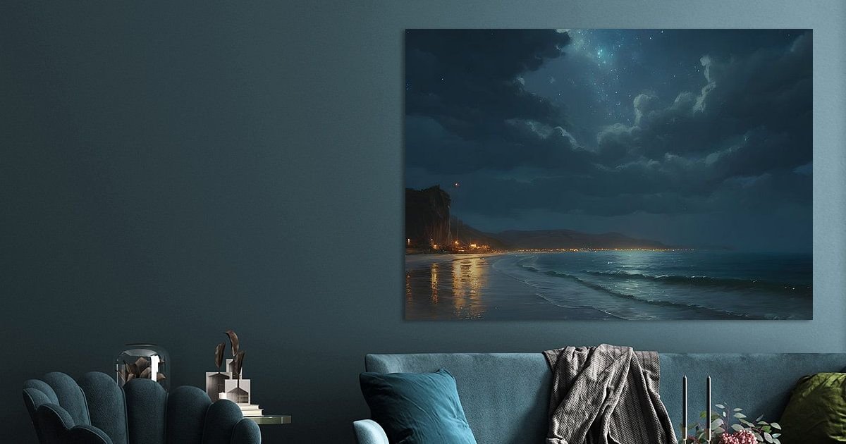 Strand bij nacht v2 van Timba Art op canvas, behang en meer