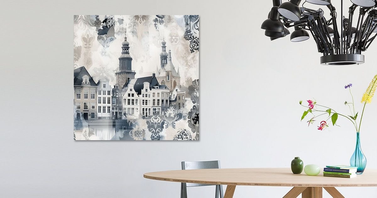 Collage van Delft, in Delfts blauw van Studio Allee op canvas, behang ...