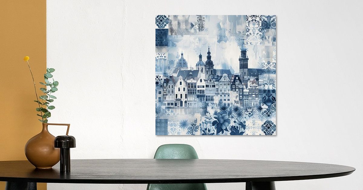 Collage van Delft, in Delfts blauw van Studio Allee op canvas, behang ...