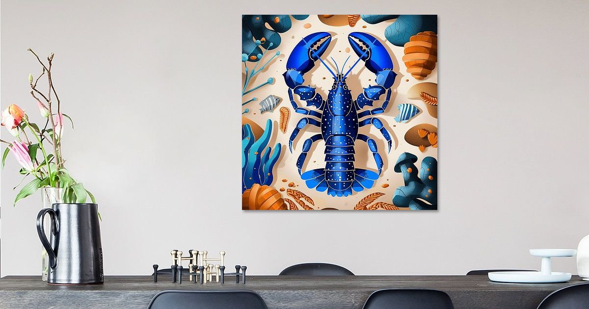 Blauwe Kreeft in Zee van Schatten: Een Oceaan Collage van Color Square ...