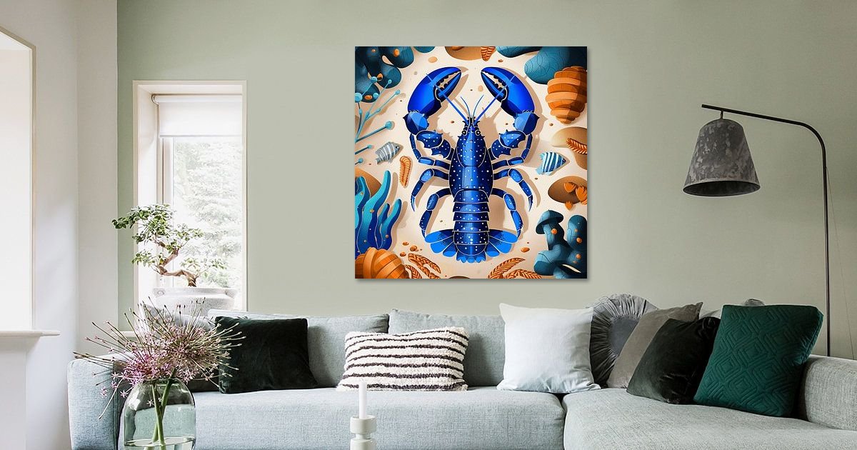 Blauwe Kreeft in Zee van Schatten: Een Oceaan Collage van Color Square ...