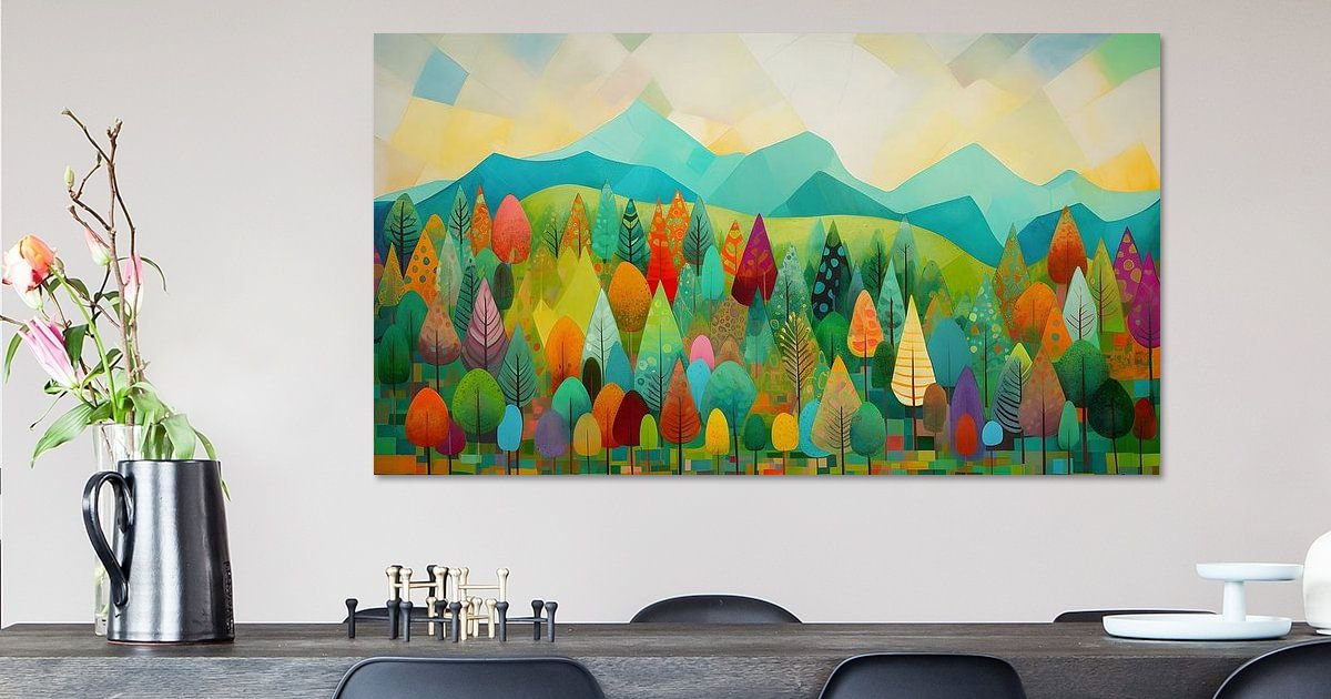 Kleurig bos en heuvels naïeve kunst van Jan Bechtum op canvas, behang ...