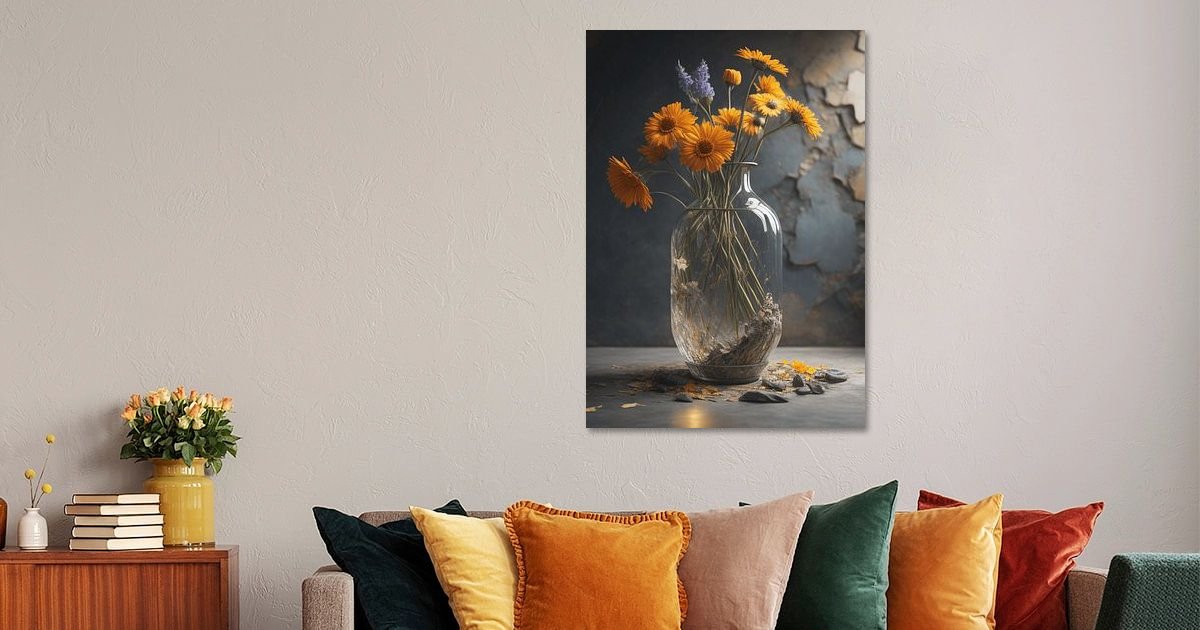 Eenvoudige glazen vaas met bosje bloemen van Hans Dubbelman op canvas ...