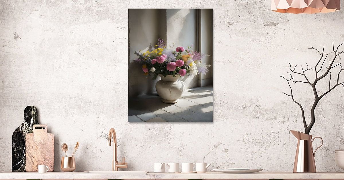 Vaas met bloemen van Hans Dubbelman op canvas, behang en meer