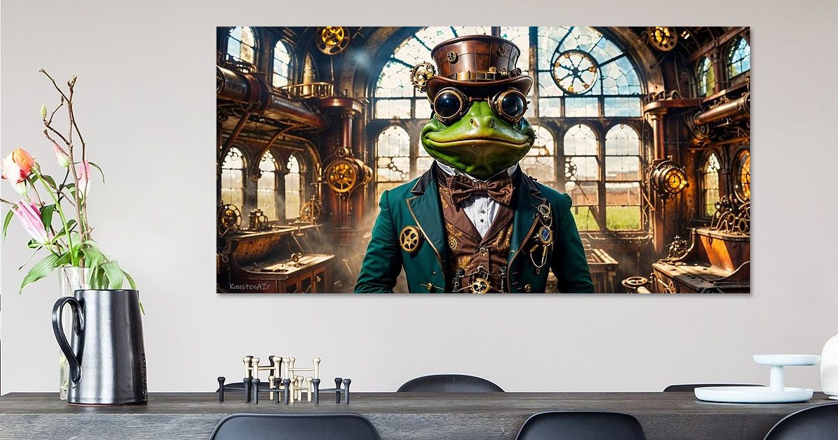 Steampunk kikker van KunstenAIr op canvas, behang en meer