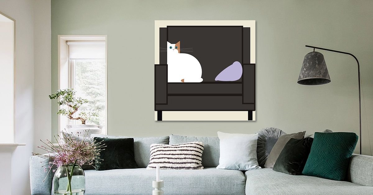 Zwarte stoel met witte kat en kussen. van Ron Roem op canvas, behang en ...