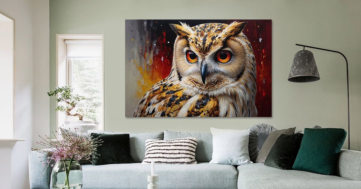 Uil in rode wereld van De Muurdecoratie op canvas, behang en meer