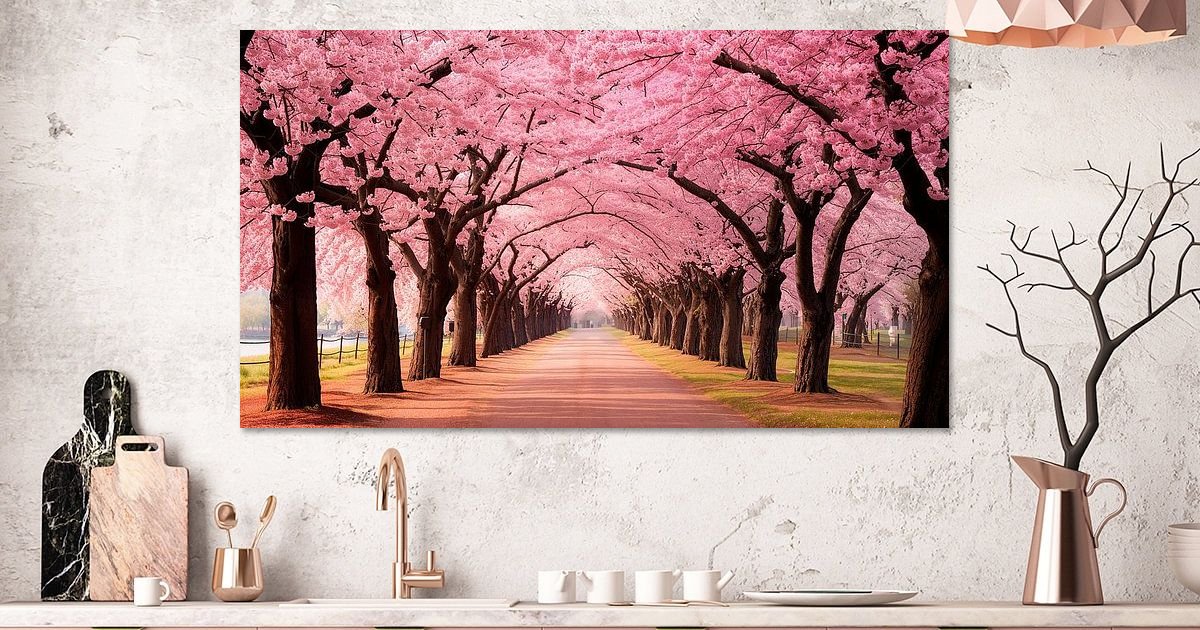 Rij bomen, rij bloeiende kersenbomen in het park, lente van Animaflora ...