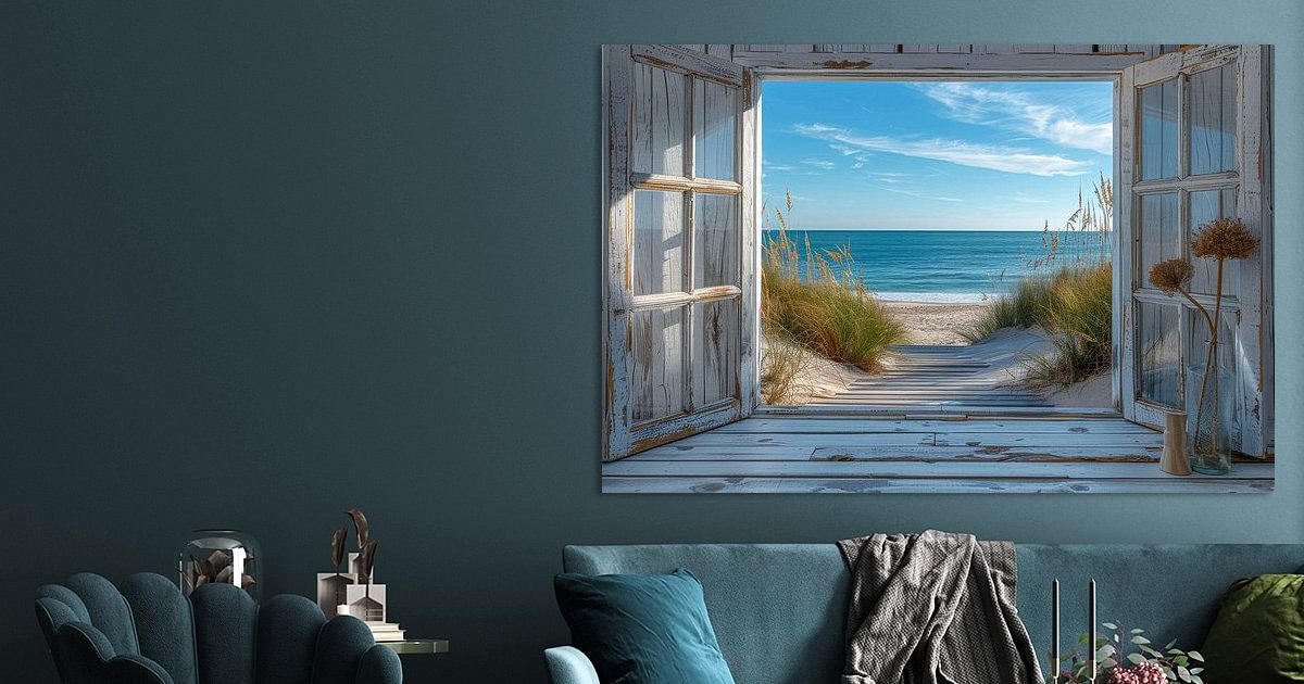 Uitzicht vanuit een open raam met uitzicht op zee van Poster Art Shop ...