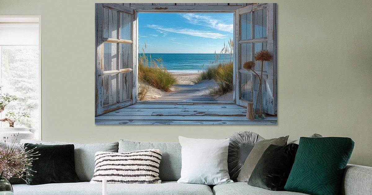 Uitzicht vanuit een open raam met uitzicht op zee van Poster Art Shop ...