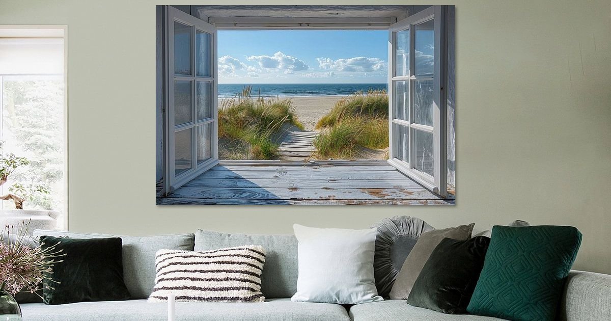 Uitzicht door wit raam op strand en zee van Poster Art Shop op canvas ...