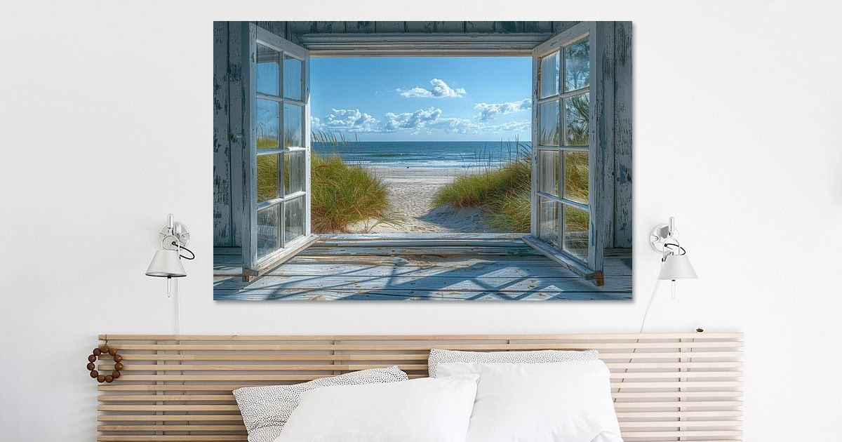 Uitzicht door een open raam op het strand van Poster Art Shop op canvas ...
