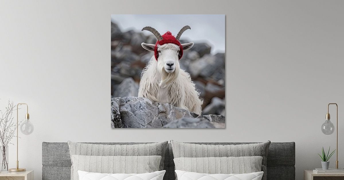 Witte berggeit met rode muts dierenportret van Vlindertuin-Art op ...