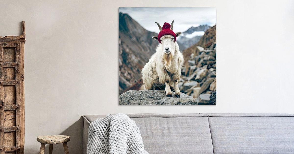 Berggeit met muts hoog in de Alpen van Vlindertuin-Art op canvas ...