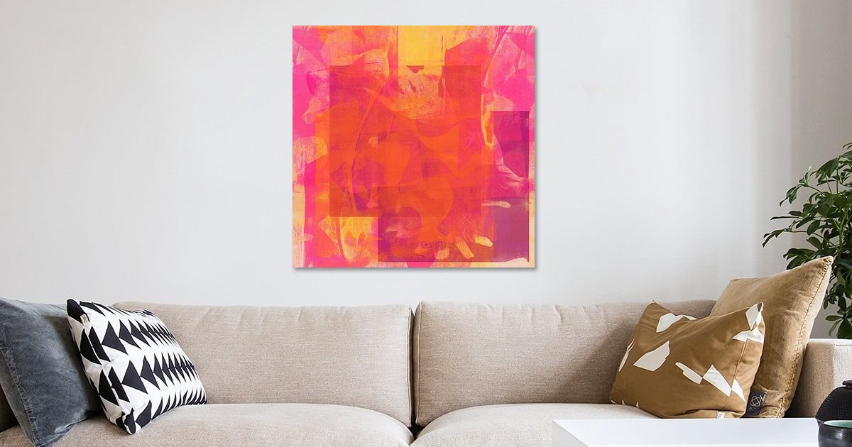 Abstracte organische vormen in pastel- en neonkleuren. Rood, roze en ...