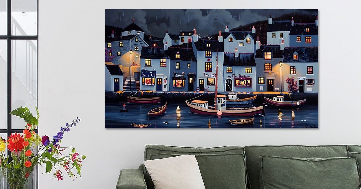 Storm op komst in de haven met eb van Jan Bechtum op canvas, behang en meer