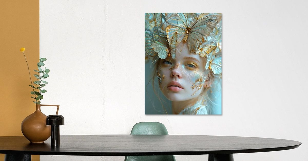 Vrouw met bleke huid en witte vlinders van haroulita op canvas, behang ...