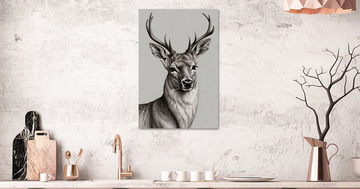 Zwart-Wit Hert met Imposant Gewei van Art & Soul Creations op canvas ...