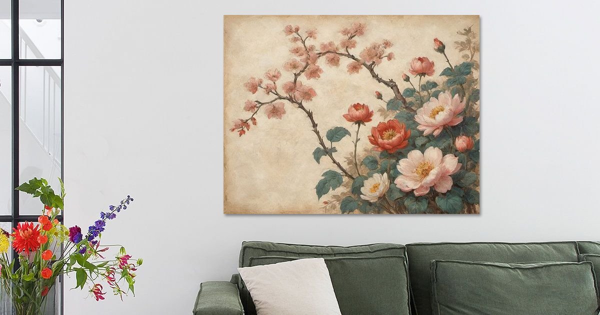 Orientaalse bloemen van Timba Art op canvas, behang en meer