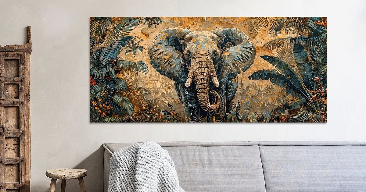 Schilderij Olifant Jungle van Abstract Schilderij op canvas, behang en meer