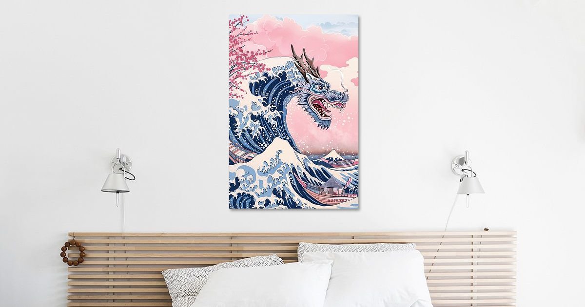 Japanese cherry blossom tsunami dragon | block print by Frank Daske ...