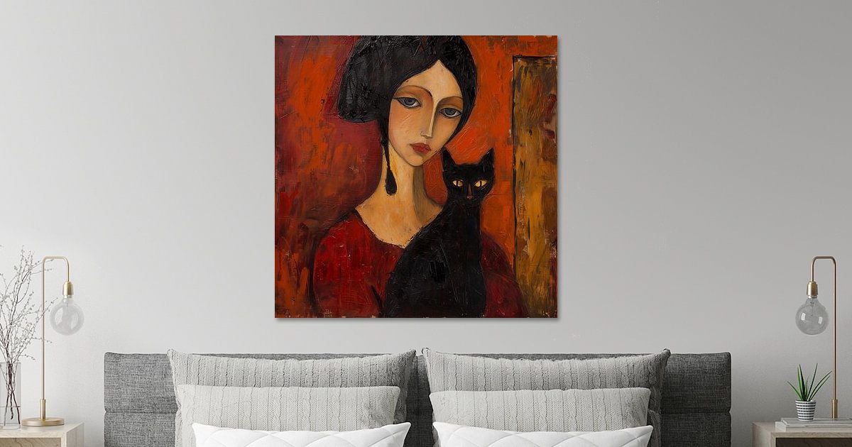 Vrouw met zwarte kat van TheXclusive Art op canvas, behang en meer