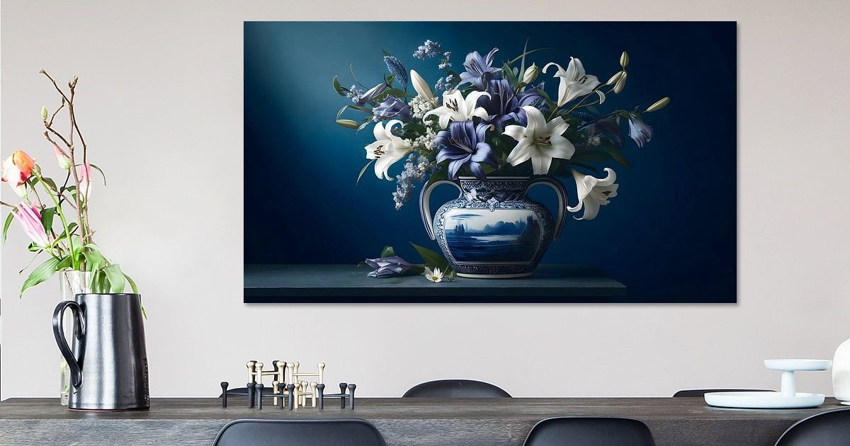 Klassieke Delfts blauwe vaas met Lelies en lisianthus van Sanne den ...
