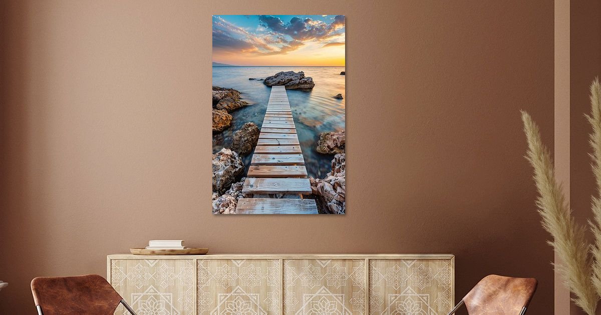 Houten Steiger met Zonsondergang aan de Kust van Art & Soul Creations ...