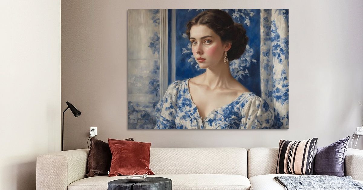 A portrait of a lady in a delft blue dress by Jolique Arte on canvas ...
