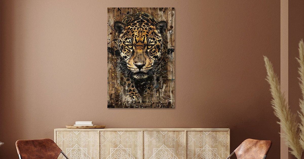 Dynamisch jaguar kunstwerk op houten achtergrond van Art & Soul ...