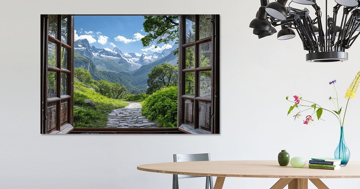 Uitzicht vanuit het raam op de Alpen van Poster Art Shop op canvas ...