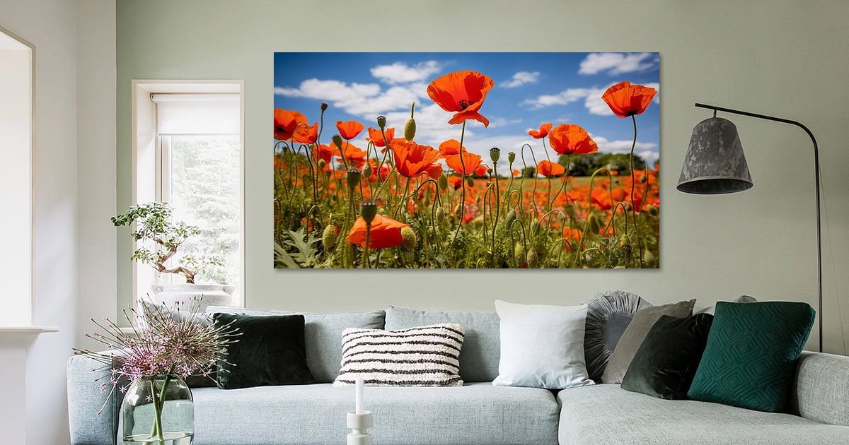 Veld met klaprozen van Koffie Zwart op canvas, behang en meer