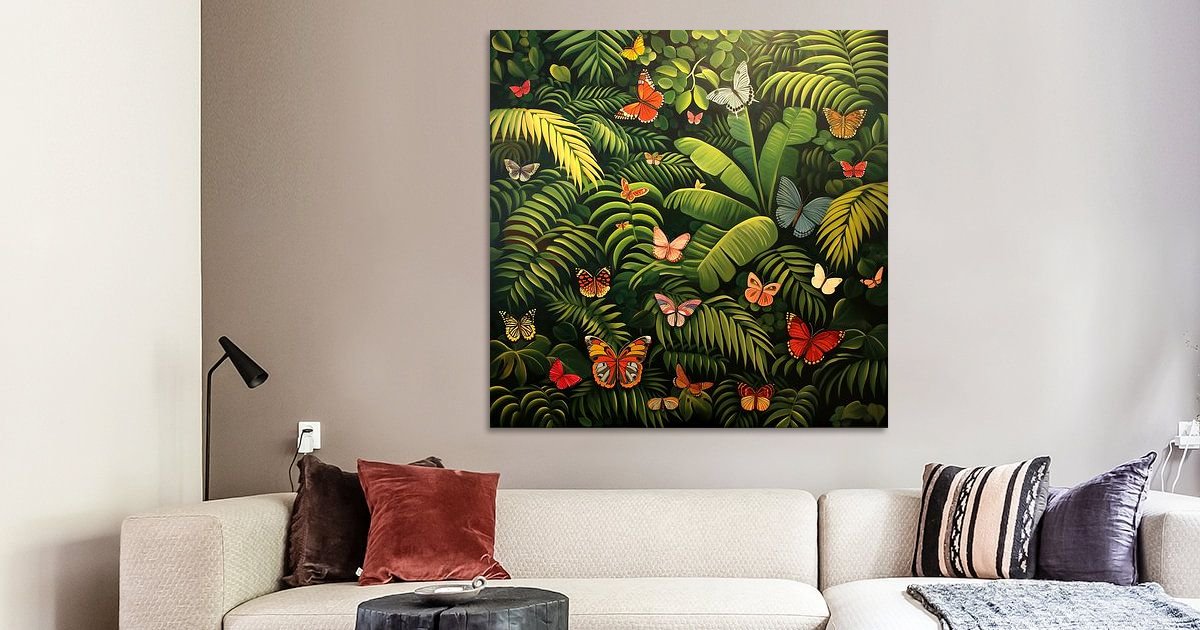 Bunte Schmetterlinge im Dschungel - Gemälde im Stil von Henri Rousseau ...